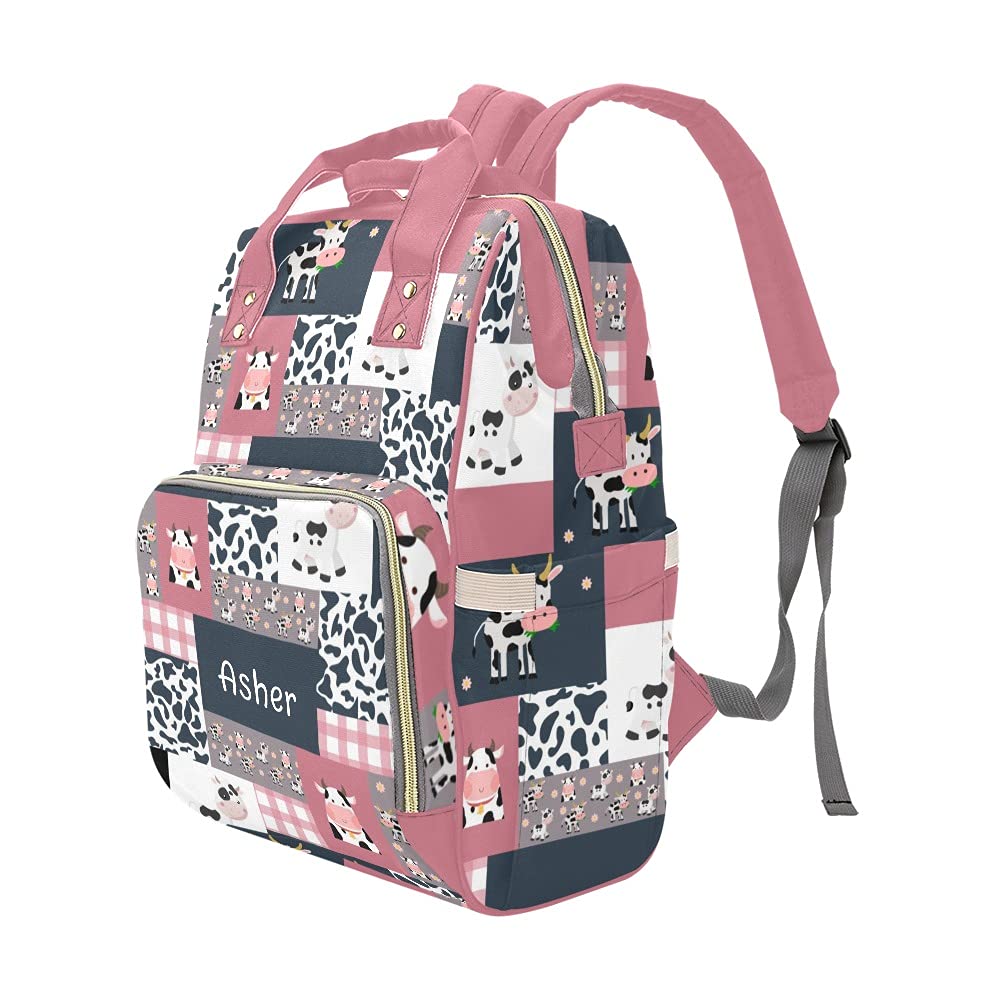 Yeshop Cute Cow Print Personalized Diaper Bag Backpack Tote with Name,Custom Travel Nappy Mommy for Baby Girl Boy Gift, 10.83 * 6.69* 15