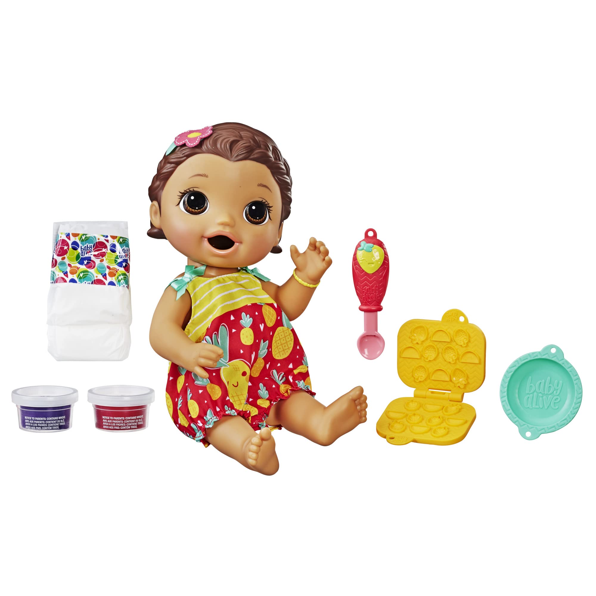 Baby Alive Super Snacks Snackin’ Lily Baby: Brunette Hair Baby Doll That Eats, with Reusable Doll Food, Spoon and 3 Accessories, Perfect Doll for 3 Year Old Girls and Boys and Up
