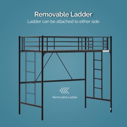 Bonnlo Metal Loft Bed with Stairs and Flat Rung, Junior Loft Bed Twin Size High Loft Bed for Kids/Teens/Adults, No Box Spring Required, Black