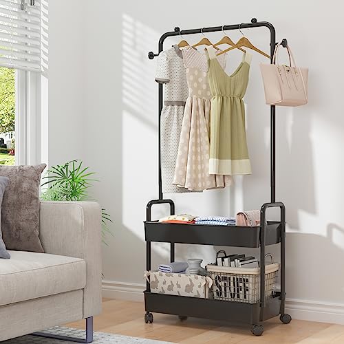 ACCSTORE Metal Clothing Racks, Freestanding Trolley Coat Rack With Wheels,Garment Rack For Storage,Clothes Rack,Heavy Duty Clothing Rack,Garment Racks With 2 Tier Plastics Storage Shelf,Black