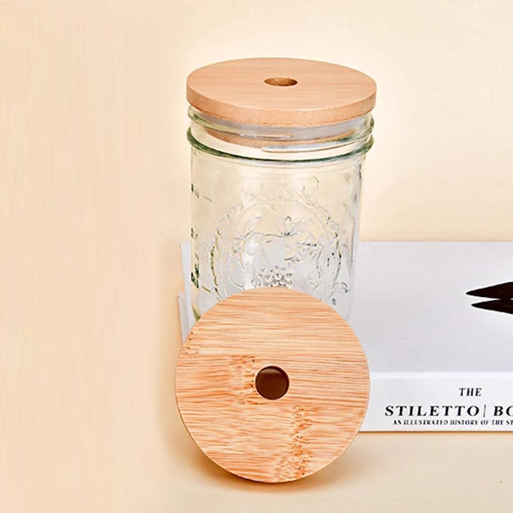4 Pack 86mm Wide Mouth Bamboo Mason Jar Lids with Straw Hole Reusable Bamboo Caps Leak-Proof Glass Canning Drinking Storage Jars Lid