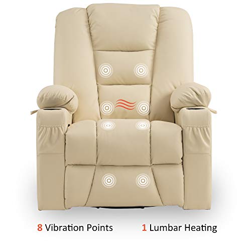 MCombo Manual Swivel Glider Rocker Recliner Chair with Massage and Heat for Nursery, USB Ports, 2 Side Pockets and Cup Holders, Durable Faux Leather 8036 (Cream White)