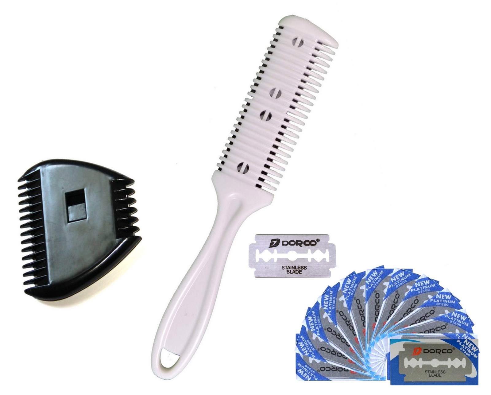 ALAZCO Combo Set, White Plastic Personal Double Edge Razor Comb Hair Beard Bikini Trimmer and Mini 3-Razor Black Plastic Manual Trimming Comes with 12 Extra Blades