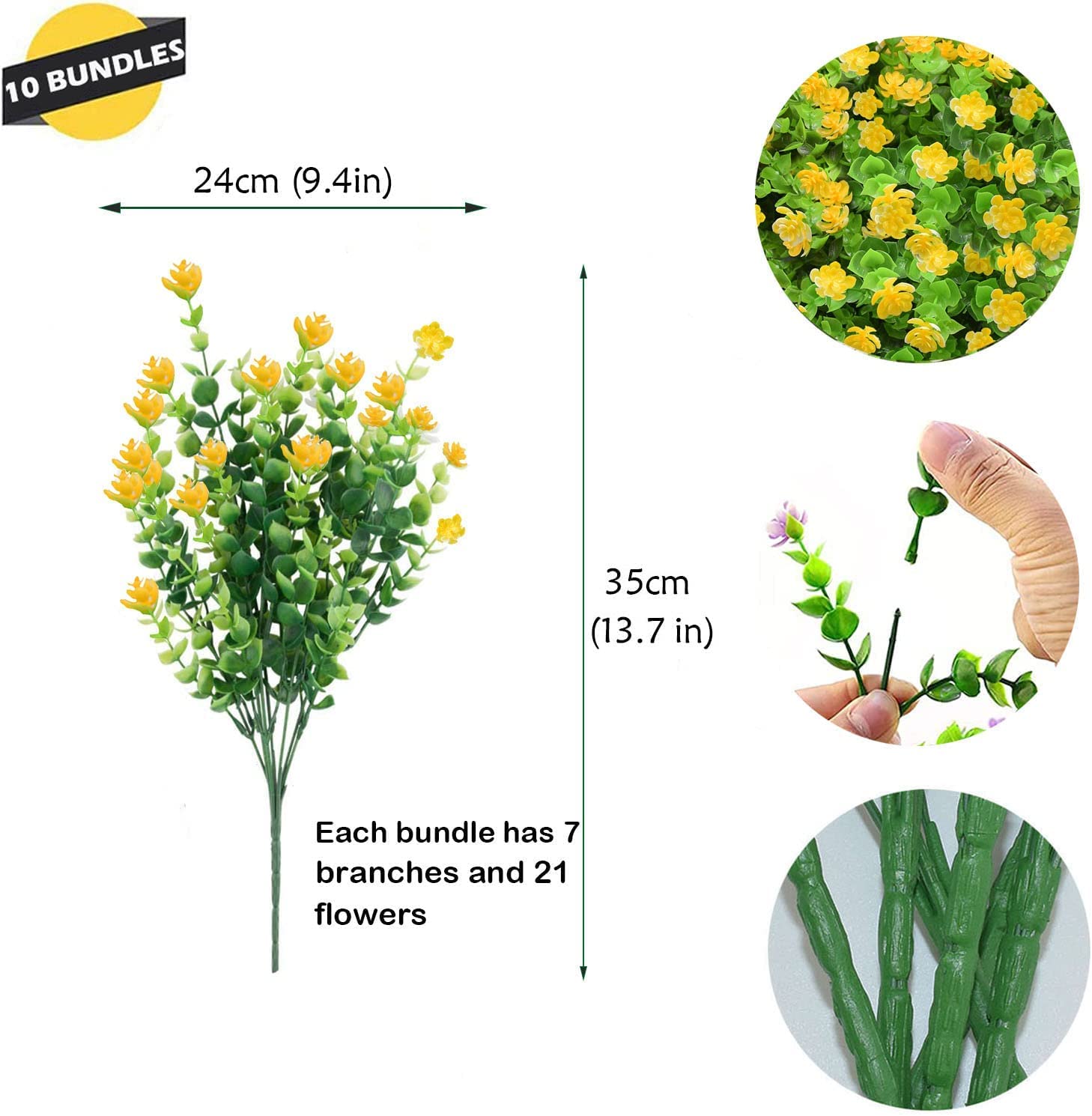 AIOR 10 Bundles Artificial Flowers, UV Resistant Fake Flowers Plastic Greenery Shrubs Plants for Floral Arrangement, Hanging Pots, Home Garden Decor Graduation (Yellow)