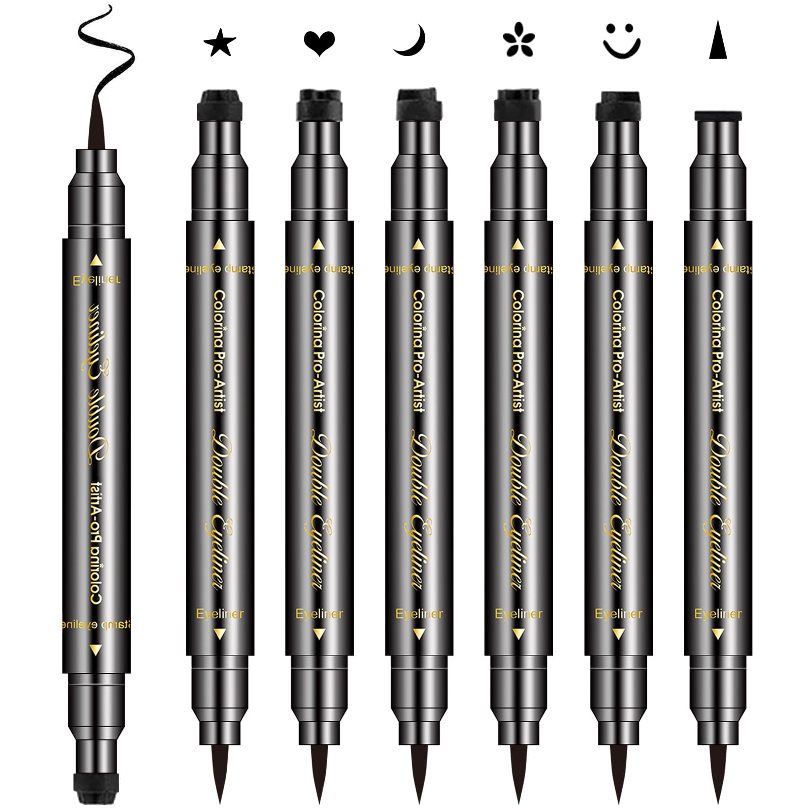 Erinde 6PCS Double-headed Liquid Eyeliner Stamp Pen Set, Black Eyeliner Pencil Eye Liner Stencil, Winged Eyeliner Tattoo Tool, Star Moon Heart Eyeliner Stamp Eye Face Makeup for Women