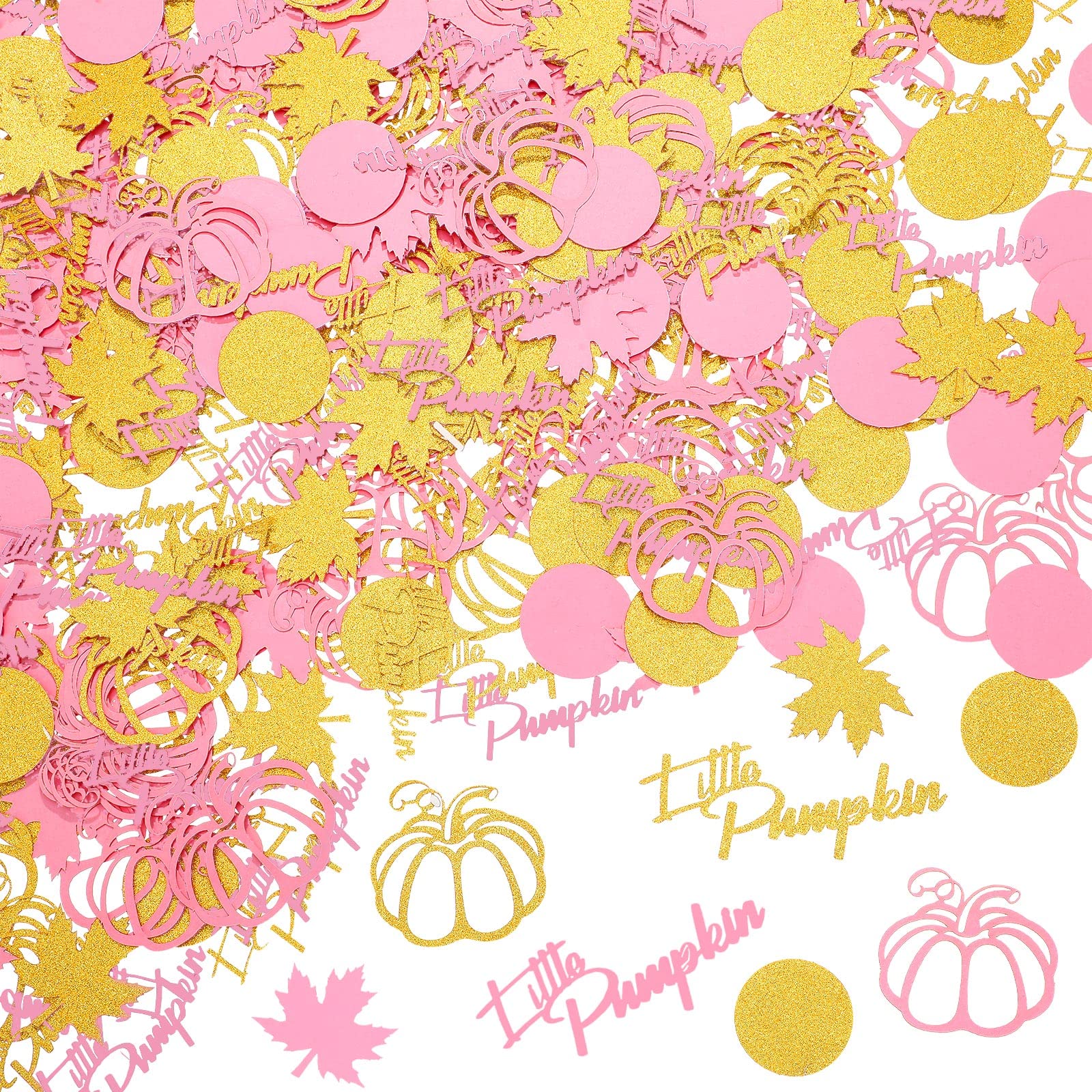 400 Pieces Fall Little Pumpkin Maple Leaf Confetti Pink and Gold Pumpkin Baby Shower Decorations Glitter Thanksgiving Table Confetti for Baby Girl Birthday Party Supplies (Vivid Style)