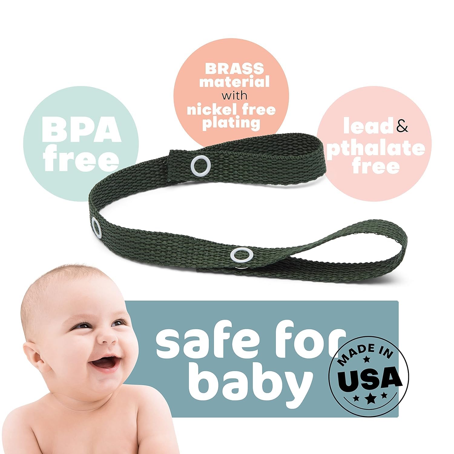 Baby Buddy Secure-a-Toy, Adjustable Pacifier and Teether Strap for Stroller, Highchair, and Car Seat, Tan Olive, 2 Pack