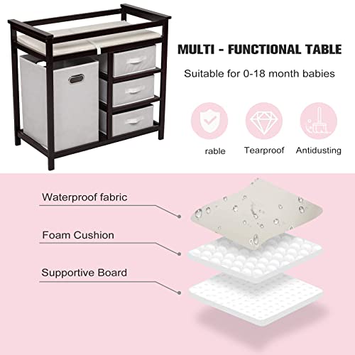 Baby Changing Table - Changing Station with Laundry Hamper, 3 Storage Baskets, and Pad, Multi Storage Nursery Changing Table for Infants or Babies (Dark Brown)