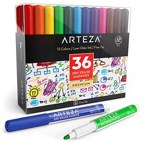 ARTEZA Dry Erase Markers Fine Tip, Bulk Pack of 36 Low Odor Dry Erase Pens in 12 Assorted Colors, Homeschool Supplies Whiteboard Markers, Office and School Supplies for Teachers