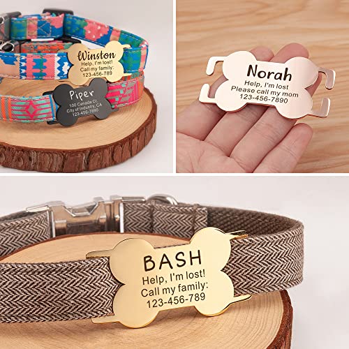 Anavia Bone Shape Slide On Silent Pet ID Tags, S/M/L/XL Gold Black Personalized Engraved Cat Dog Name Tags, Glossy Finish Stainless Steel Chew-Proof Quiet Dog Collar Tag