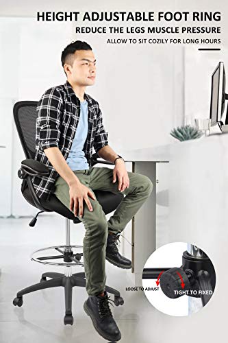 High-Back Mesh Ergonomic Drafting Chair Tall Office Chair Standing Desk Stool with Adjustable Foot Ring and Flip-Up Arms (Black)