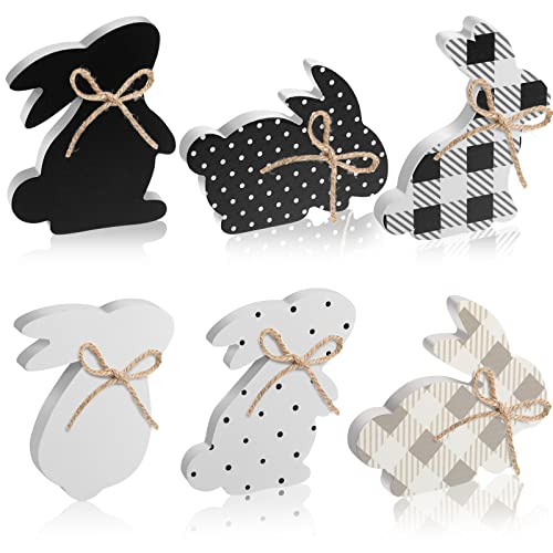 6 Pcs Easter Bunny Table Wooden Signs Bunny Shaped Farmhouse Decor Bunny Wooden Table Decorations Rabbit Tiered Tray Decor Wood Cutouts with Rope for Crafts Party Table Decorations, Black, Gray, White