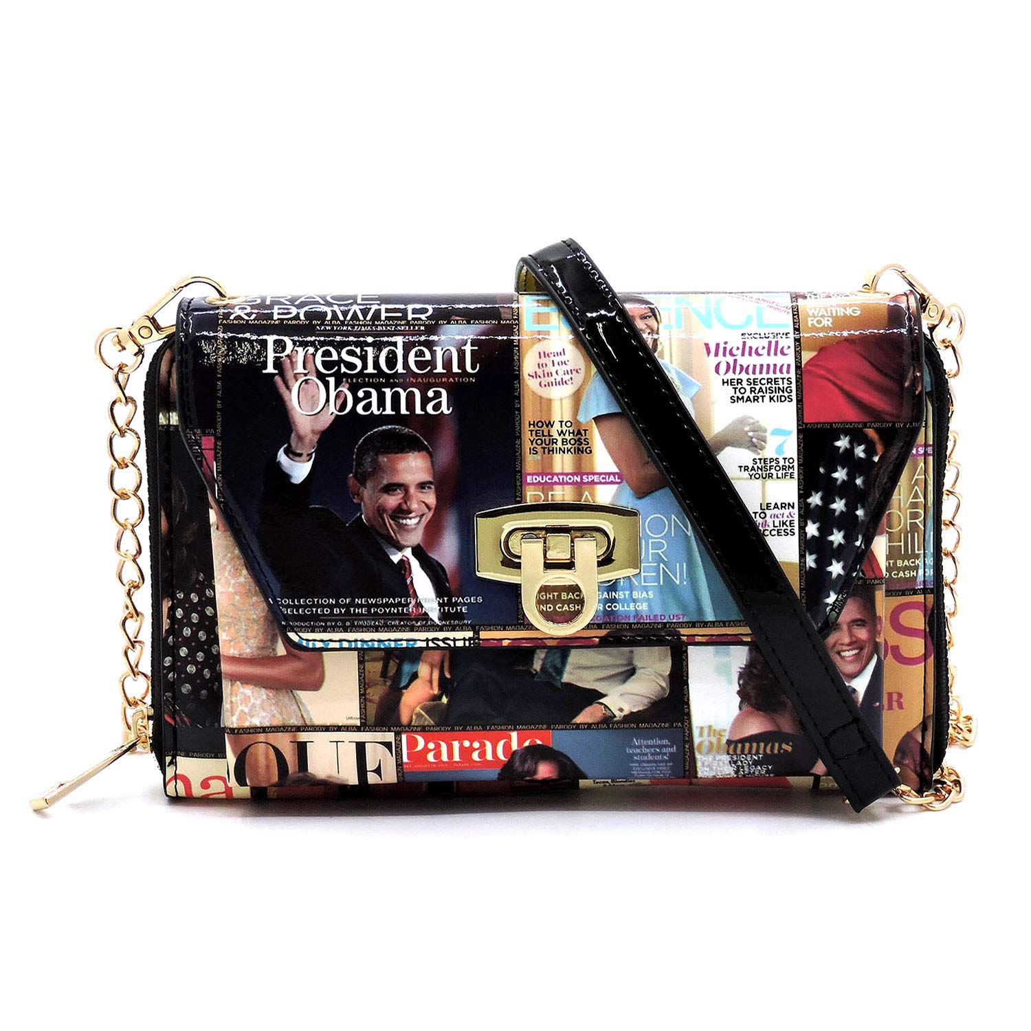 Amy & Joey Glossy Magazine Cover Collage Michelle Obama Printed Crossbody Wallet Clutch Bags with Flap and Zip Around Closure (Single Zip-Multi/Black)