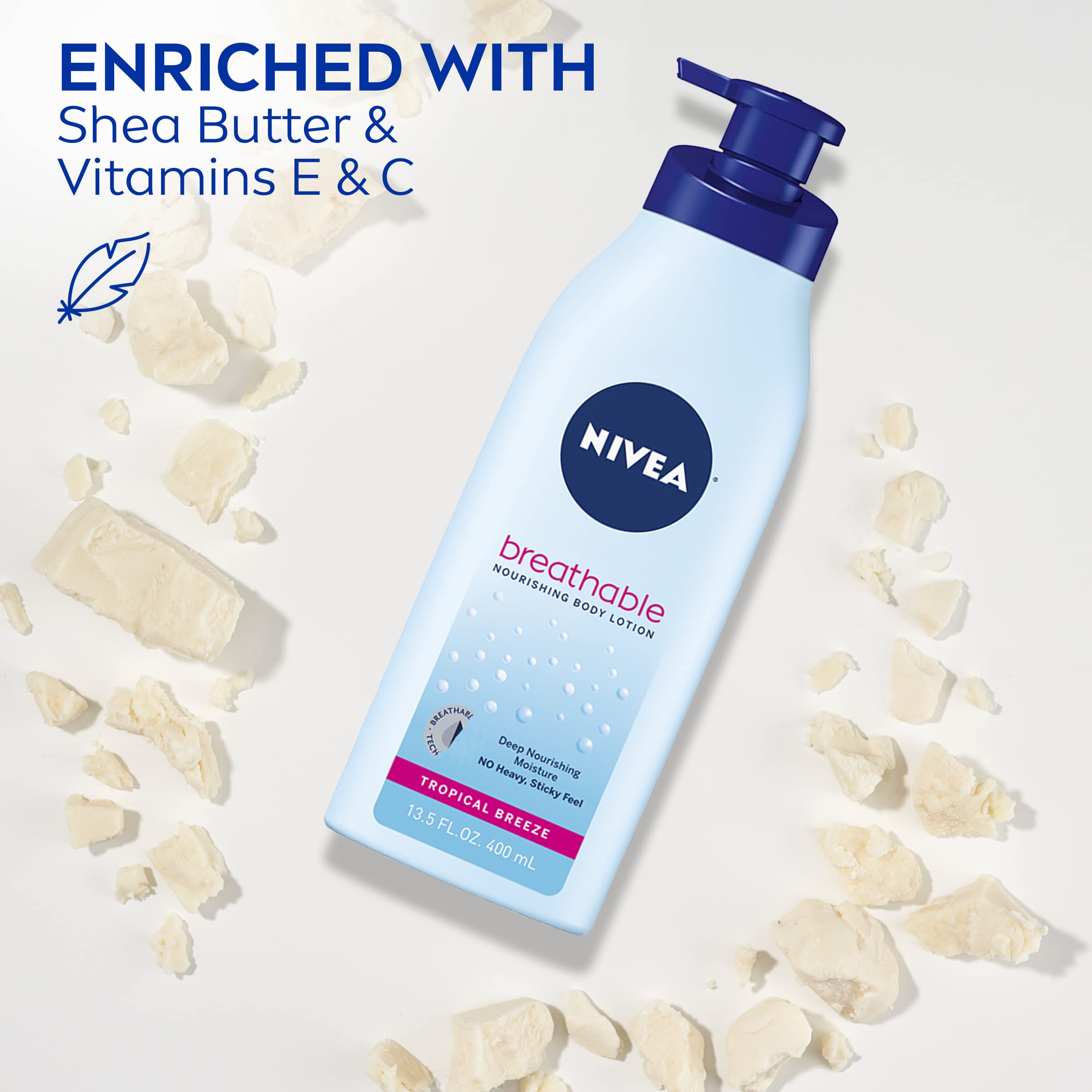 NIVEA Breathable Nourishing Body Lotion in Tropical Breeze, 48-Hour Moisturizing Lotion with Shea Butter, Vitamin E and C, 13.5 Fl Oz Pump Bottle