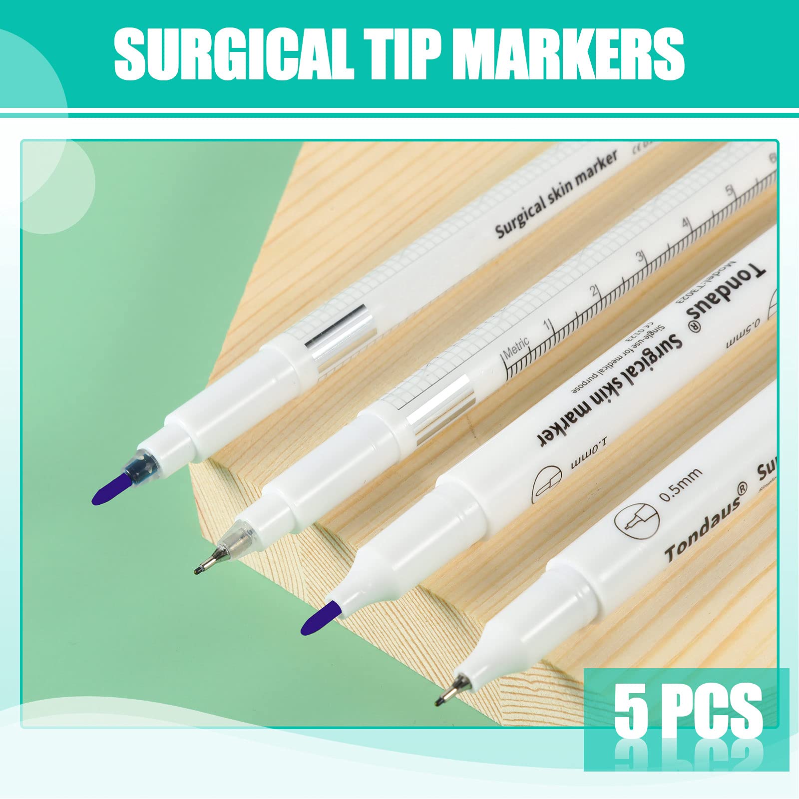 Zonon 5 Pieces Tattoo Tip Markers Skin Marker Pen Tattoo Pen in 0.5 mm and 1 mm with Paper Ruler for Skin, Eyebrow, Lips (2 Single Head, 3 Double Heads)