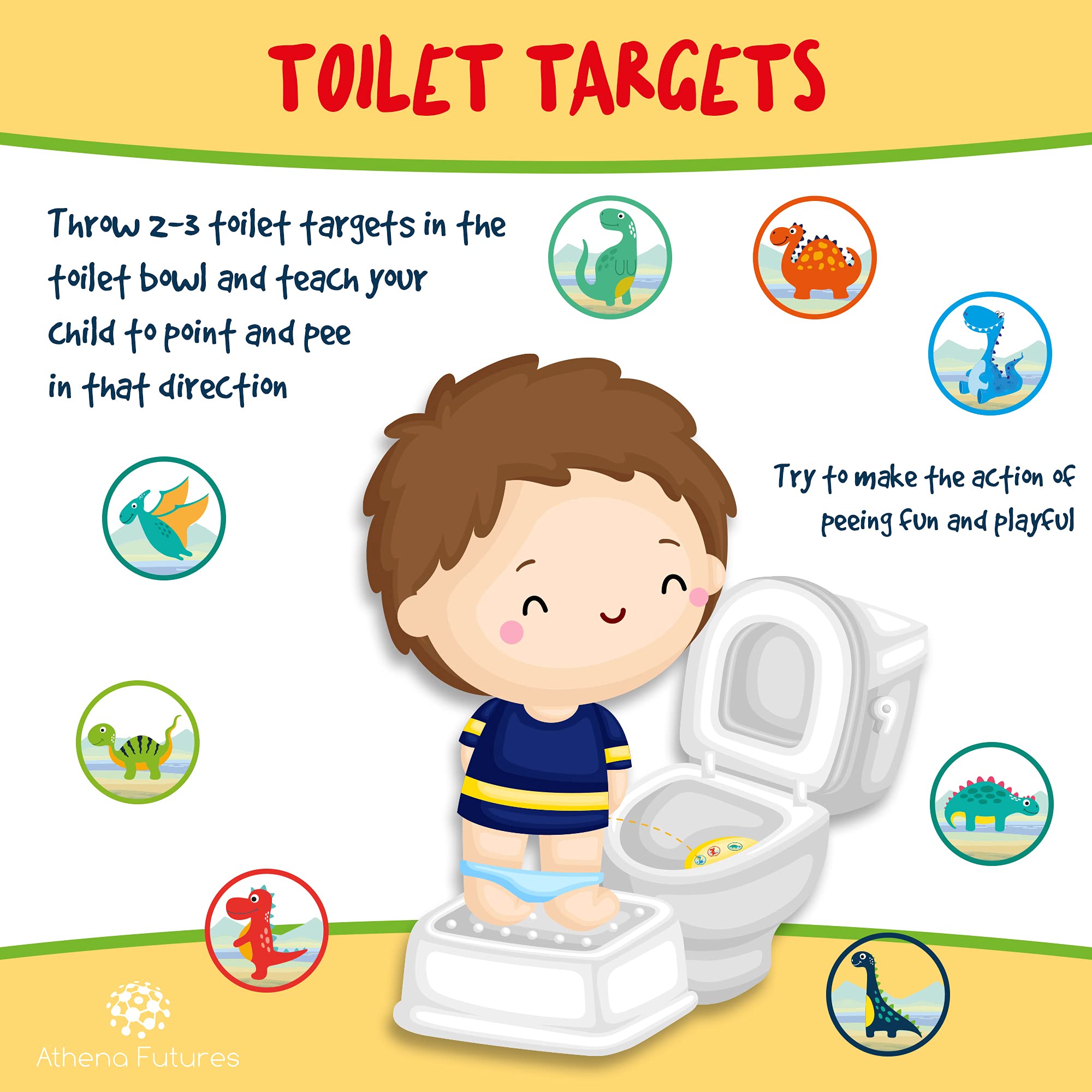 ATHENA FUTURES Dinosaur Potty Training Toilet Targets - 2" Water Soluble, Flushable Urinal Paper Cards for Toddlers, Boys - Kids Trainer Kit with Lift Lid Sticker and Peeing Chart - 80 Targets
