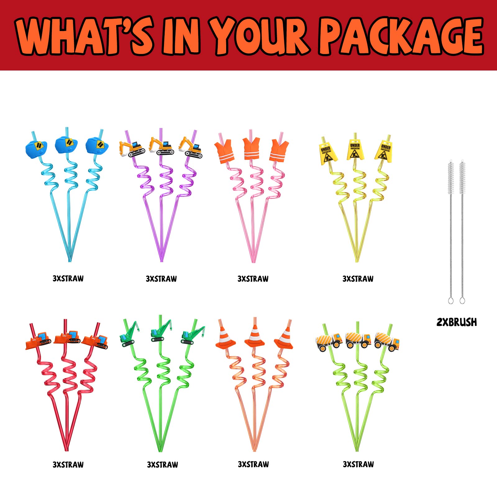 24 PCS Construction Drinking Straws Reusable Excavator Bulldozer Blender Truck Plastic Beverages Cocktail Straw with Cartoon Decoration for Kids Construction Party Supplies Favors, 8 Styles