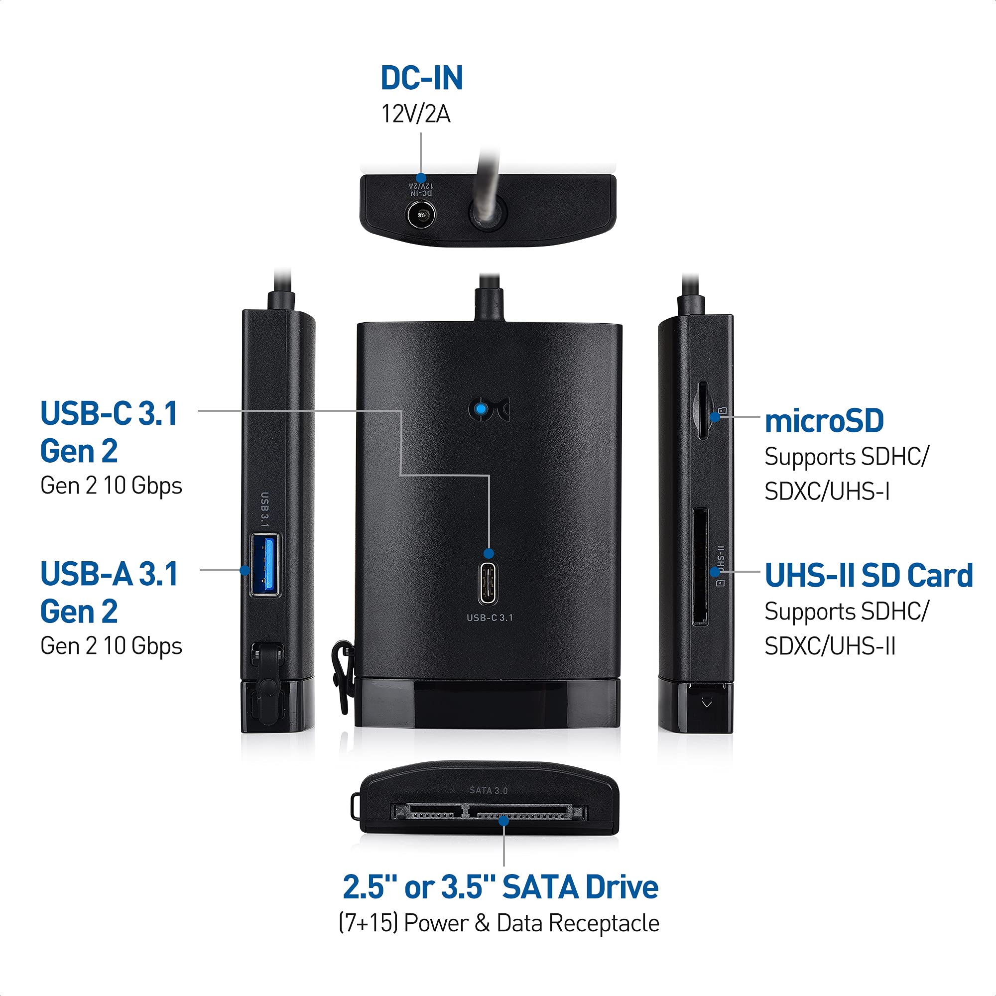 Cable Matters 10Gbps USB C Multiport Adapter (USB C Hub) with USB-A, USB-C, MicroSD and UHS-II SD Card Reader, 2.5 3.5 Inch SATA Hard Drive Reader -Thunderbolt 4 / USB4 / Thunderbolt 3 Port Compatible