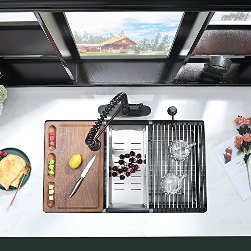 28 Black Undermount Kitchen Sink - iAnomla 28 Inch Black Stainless Steel Undermount Workstation Sink 16 Gauge Deep Single Bowl Matte Black Kitchen Sink with Cutting Board
