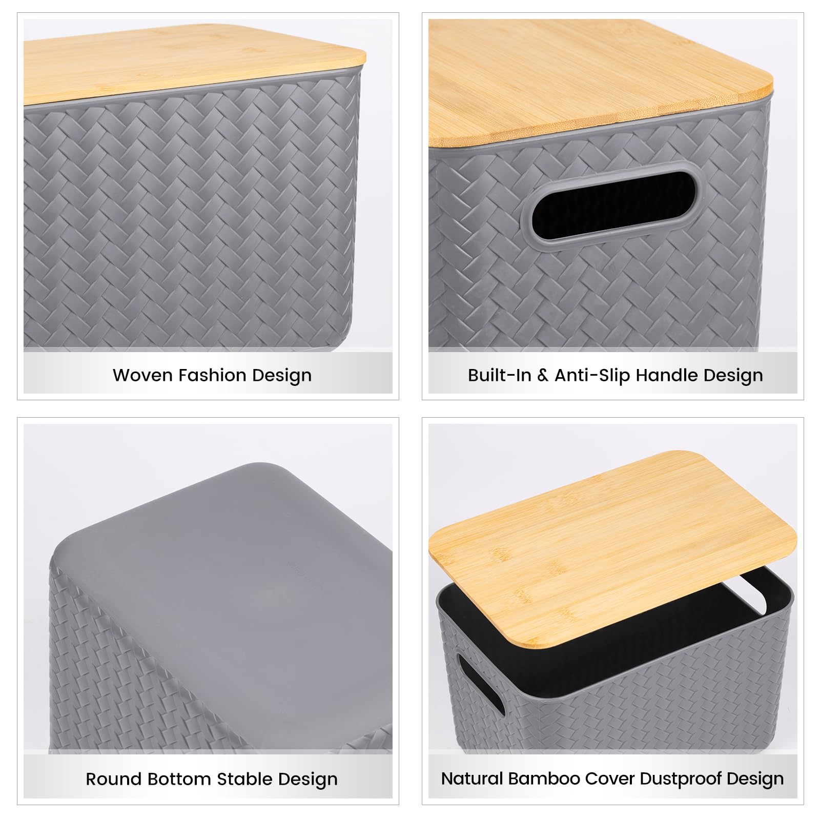 2 Packs Storage Bins with Bamboo Lids - Plastic Storage Containers with Lids Stackable Storage Box:Storage Baskets for Organizing Desktop Closet Playroom Classroom Office,10.2 x 7 x 6.5 inch,Gray