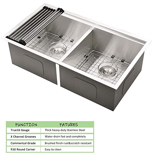 33 Inch Undermount Double Bowl Kitchen Sink Workstation- Wesliv 33x19 Stainless Steel Undermount Kitchen Sink 50/50 Low Divide Double Bowl Kitchen Sink 16 Gauge Deep Ledge Workstation Sink
