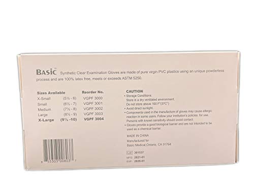 Basic Medical Exam Gloves (X-Large) 100 Gloves Latex Free Powder Free, clear (VGPF3004B)