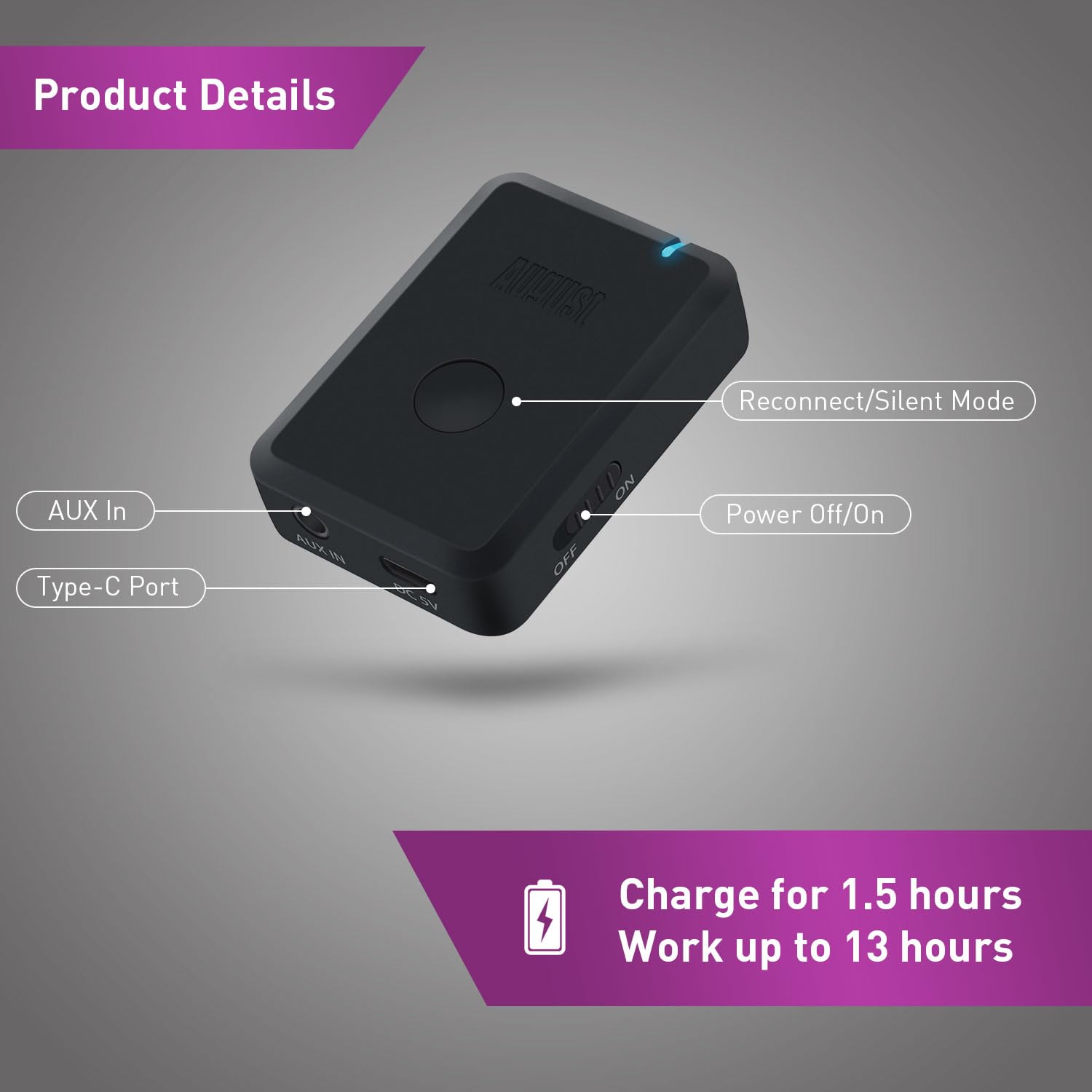 August MR250 - Bluetooth Wireless Transmitter - Audio Adapter for TV to Bluetooth Headphone - Stream Music from 3.5mm Audio Out to Bluetooth Headphones, Speakers and Receivers - Black