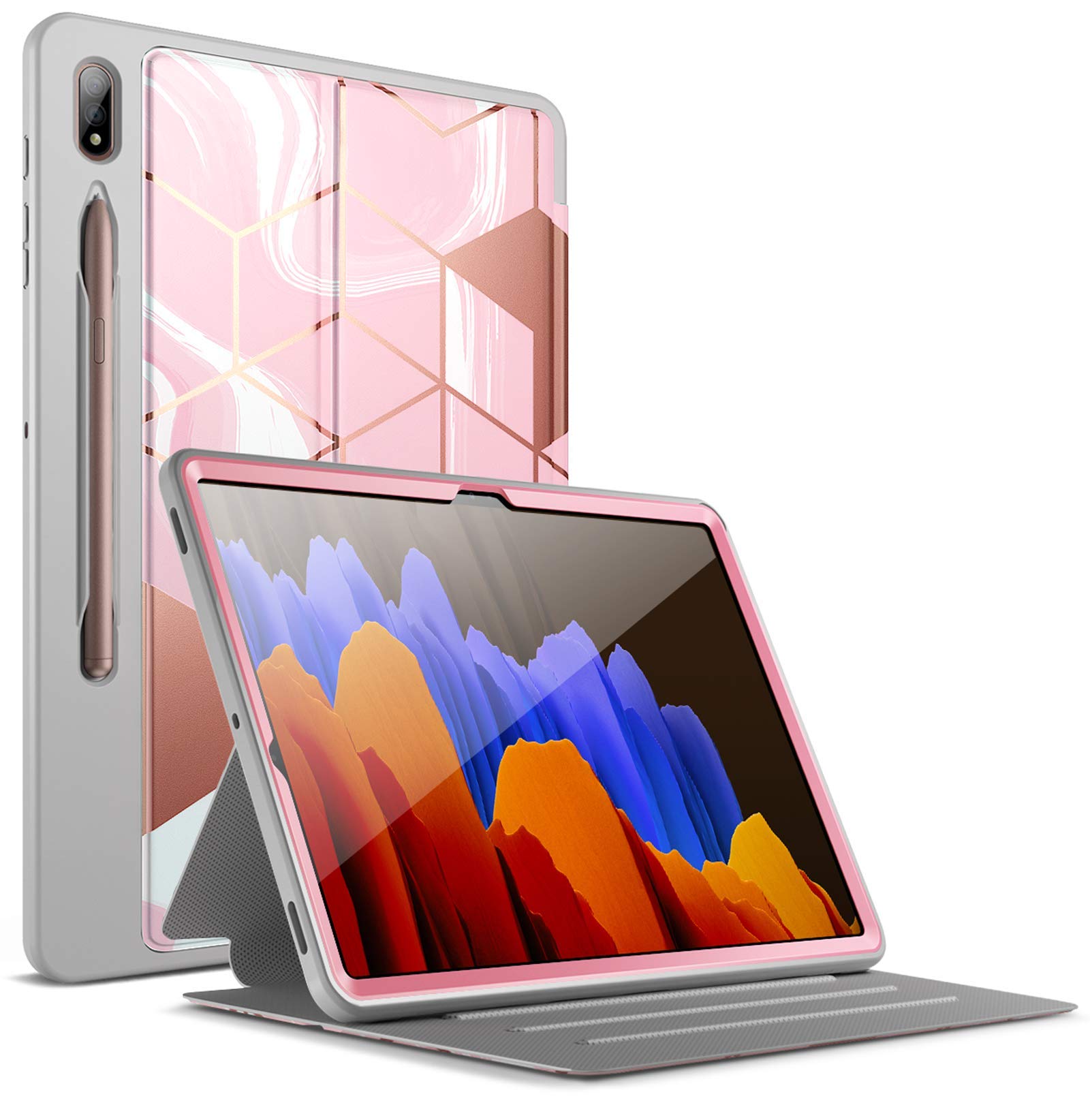 Popshine Marble Case Designed for Galaxy Tab S7 Plus / S8 Plus 12.4 Inch Tablet, Full Body Premium Protective Folio Cover with S Pen Holder, Liquid Marble Pink