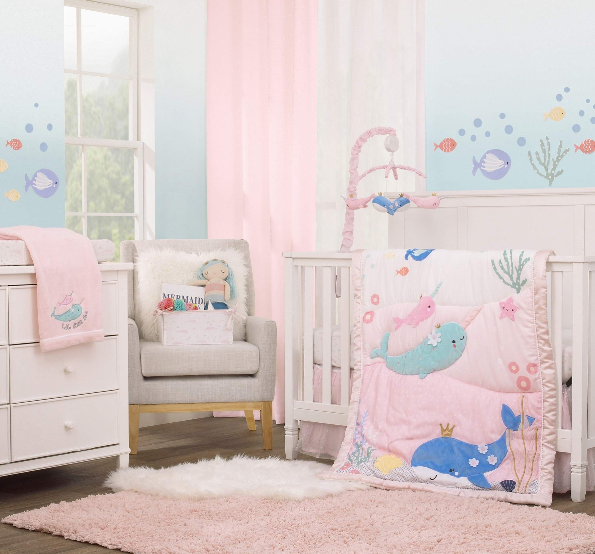NoJo Under The Sea Whimsy Pink & Blue Whales & Narwhals Musical Mobile, Pink, Light Blue