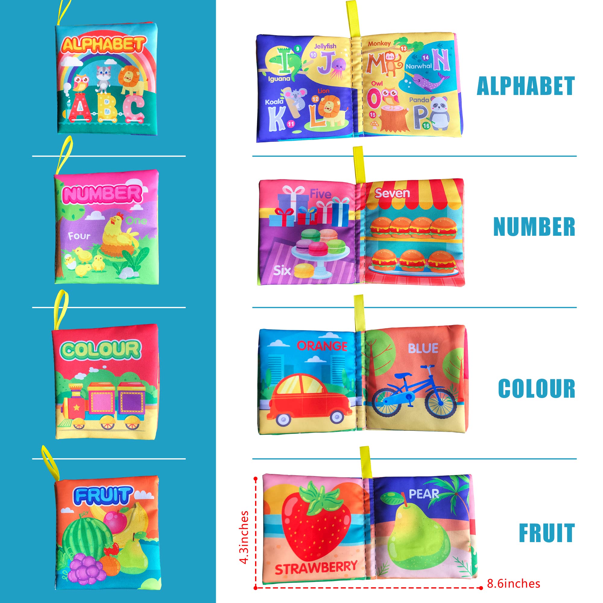 AMINFUN Soft Cloth Baby Book Toy 0-6 Months, Baby Learning Book(ABC-Z,1-10,Colour,Fruit,4 Pack),Touch and Feel Crinkle Book Infants 6-18 Months,Early Educational Toy 0-3, Gift for Babies Infants