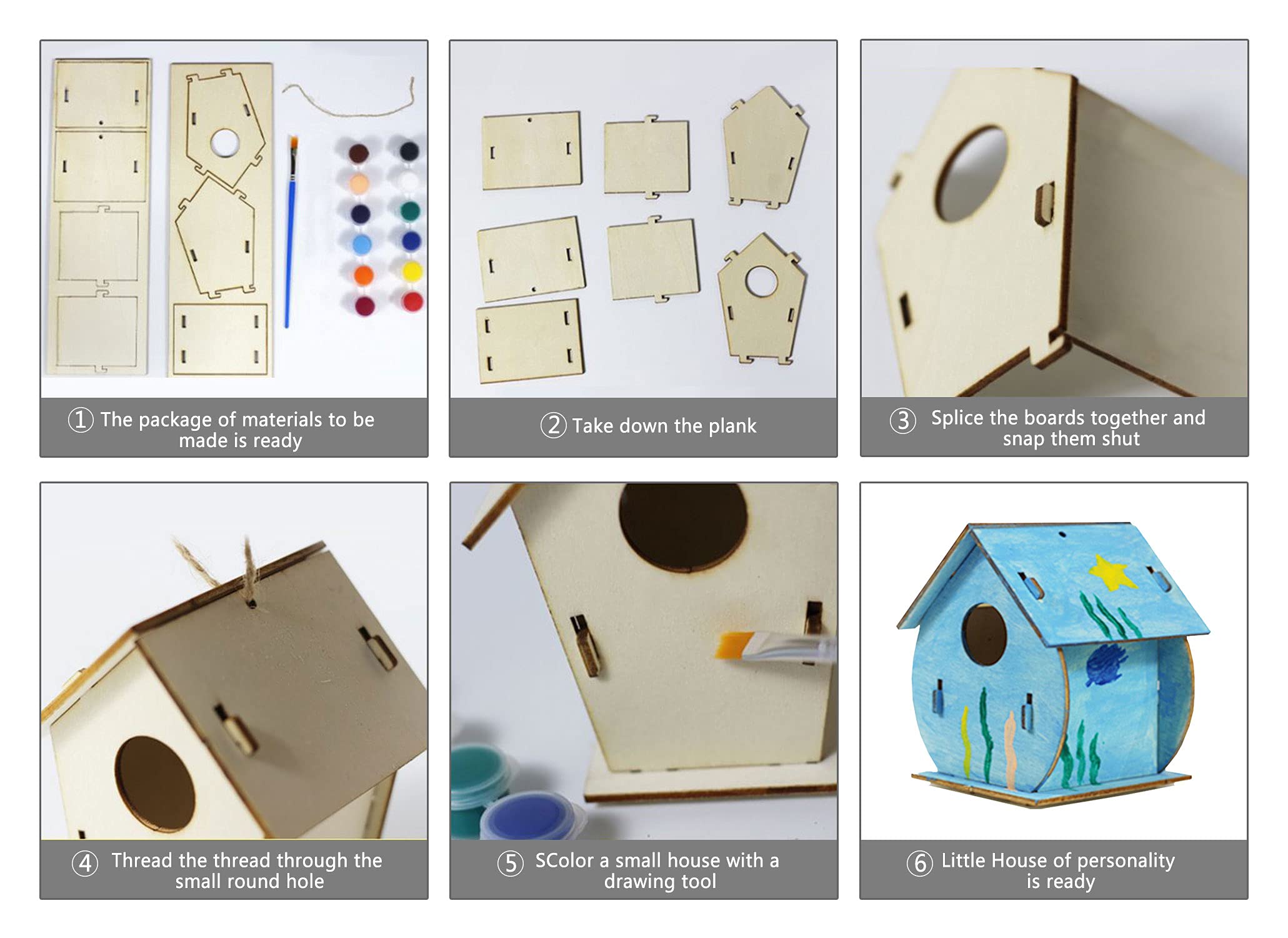 Aulufft 18pcs DIY Wooden Bird House Tool Set,Wooden Arts Wind Chime Kits with Pigments and Brush,Simulation Butterfly Accessories,Birdhouse Crafts for DIY Paint