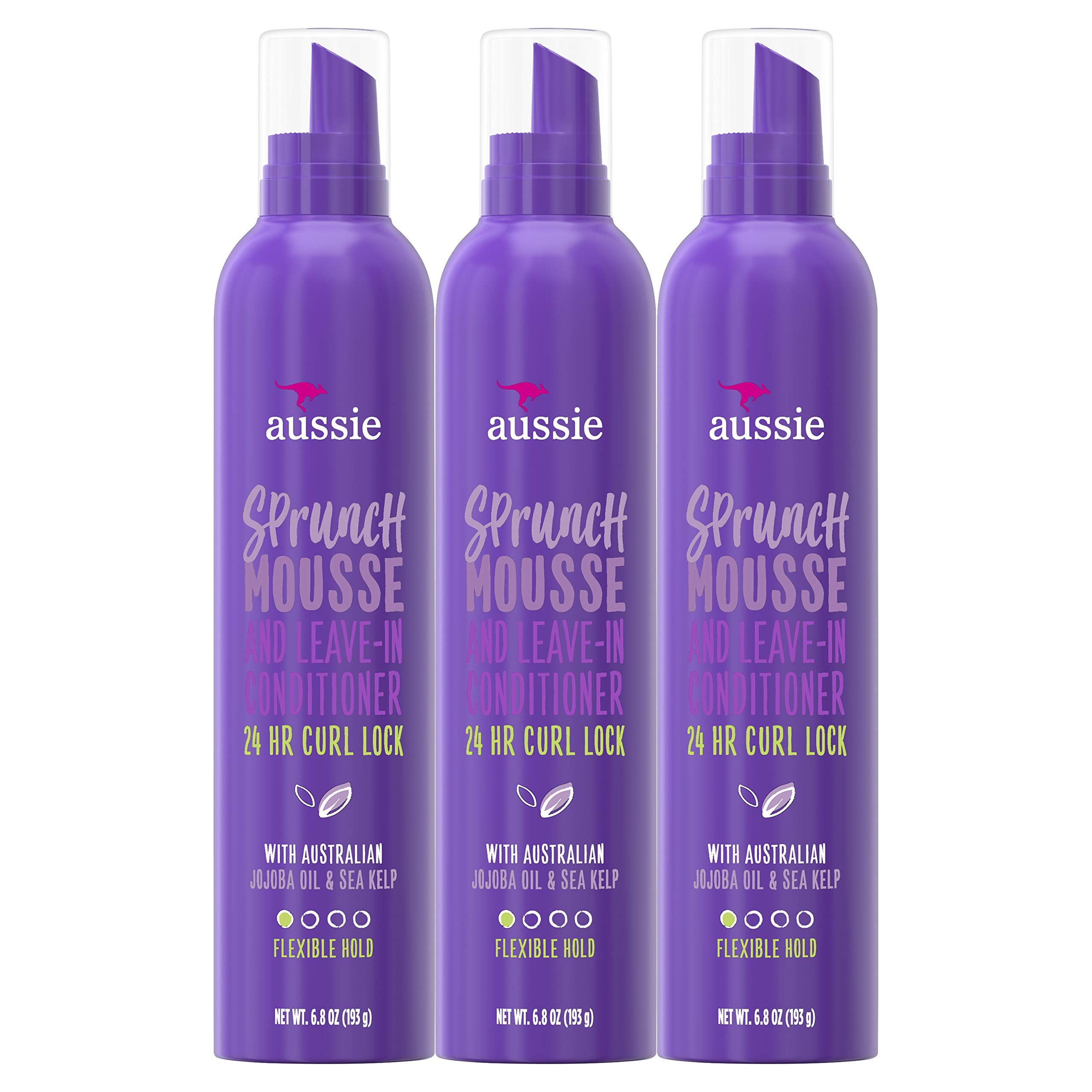 Aussie Leave In Conditioner & Mousse, with Jojoba & Sea Kelp, Sprunch, For Curly Hair, 6.8 fl oz, Triple Pack