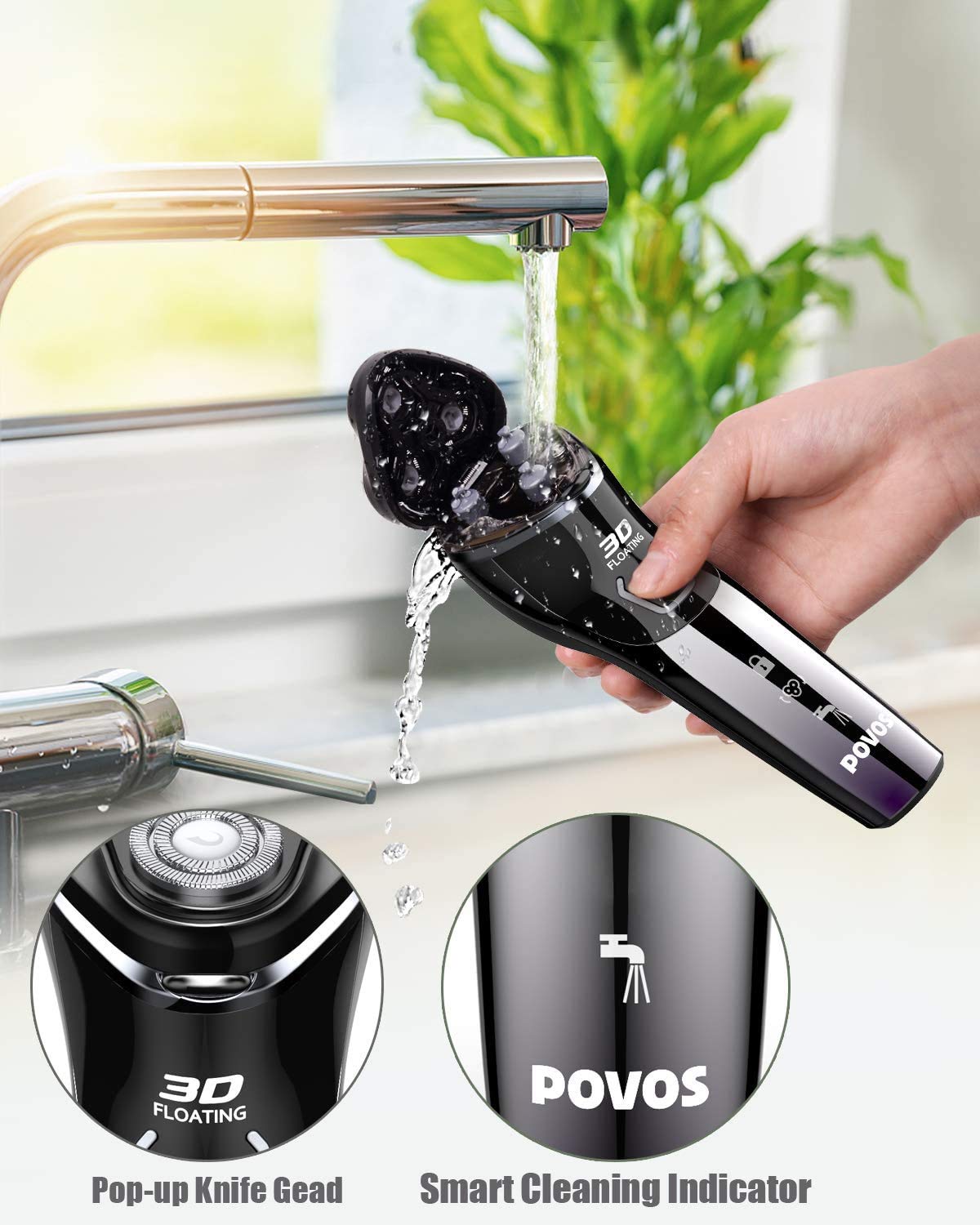 POVOS Electric Razor for Men, Quick Rechargeable Wet and Dry IPX7 Waterproof Electric Shaver,Men’s 3D Rotary Shaving Razor with Pop-up Beard Trimmer,LCD Display, Replacement Blades, and Travel Case