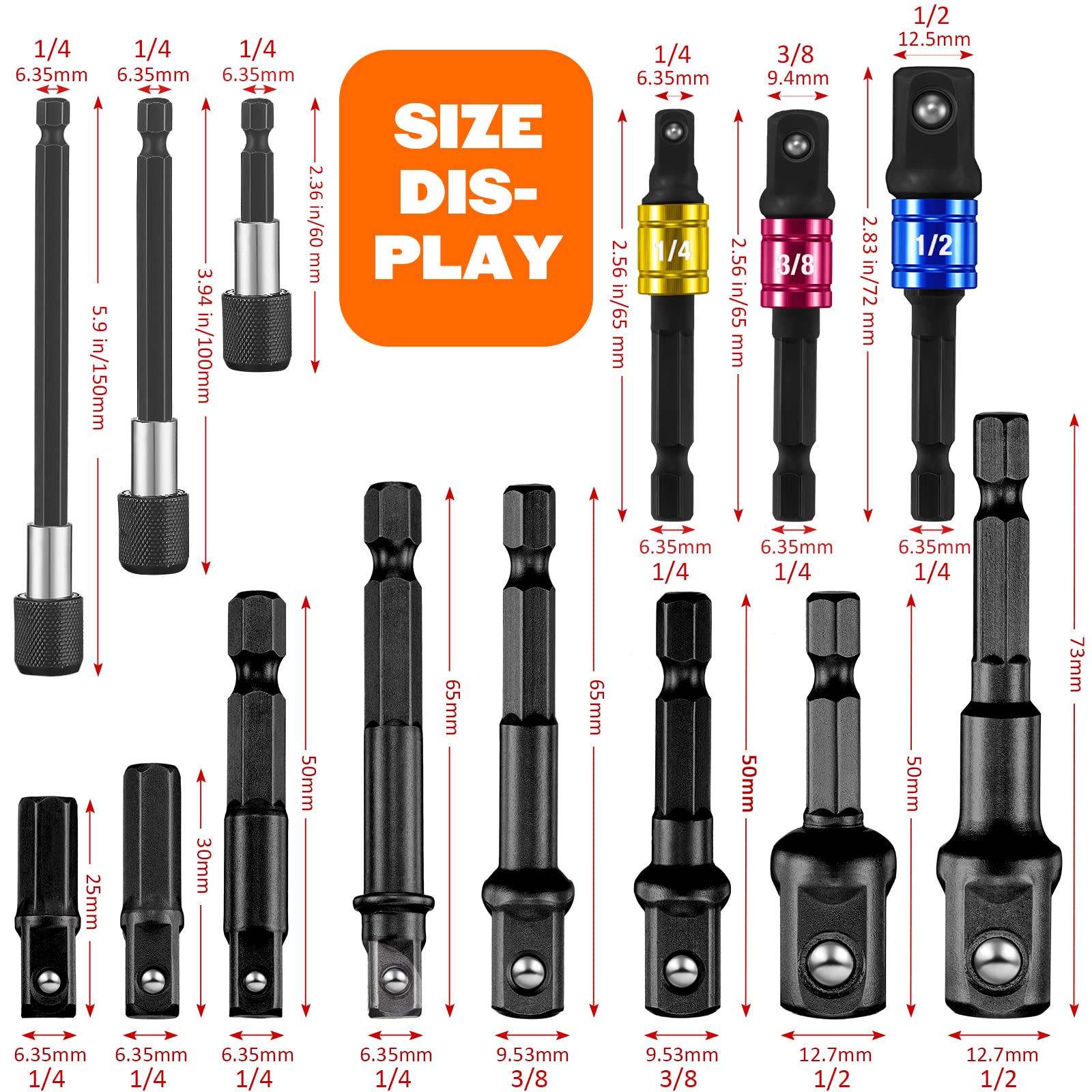 31 Pcs Flexible Drill Bit Extension Set Drill Bit Extension Kit, Include 1/4 3/8 1/2 Inch Hex Socket Adapter Socket Bendable Magnetic Drill Extender Universal Drill Bit Extension Screwdriver