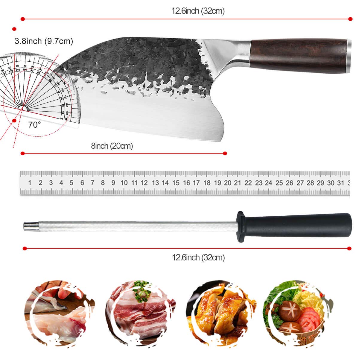LONSDOW Serbian Butcher Knife Full Tang Forged Handmade Professional Kitchen Chef Knife Cleaver with Knife Sheath Sharpener