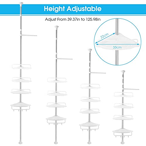 Corner Shower Caddy, Shower Caddy Tension Pole Storage Shelves, Stainless Steel Rod, Adjustable Bathroom Shower Caddy for Shampoo Soap Tower, White