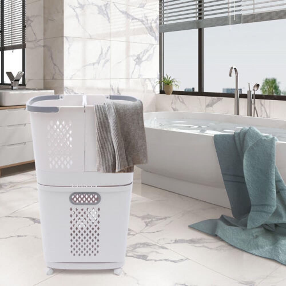 2 Tier Plastic Laundry Basket With Wheels,Movable Household Laundry Basket,Bathroom Clothes Storage Basket Cart,Floor-Standing Hand-Held Laundry Basket for Home,White