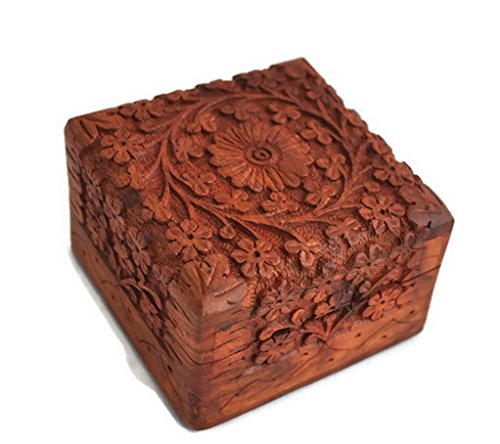 Artncraft Jewelry Box Novelty Item, Unique Artisan Traditional Hand Carved Rosewood Jewelry Box From India Inside