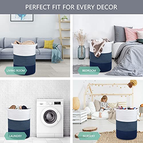 BOSROTY Extra Large Blanket Basket, Tall Laundry Basket, Laundry Hamper, Large Storage Basket, 15.7βx 21.7β,Cotton Rope Basket, Woven Basket, Toy Basket, Clothes Baskets, White&Cadet Blue&Navy Blue