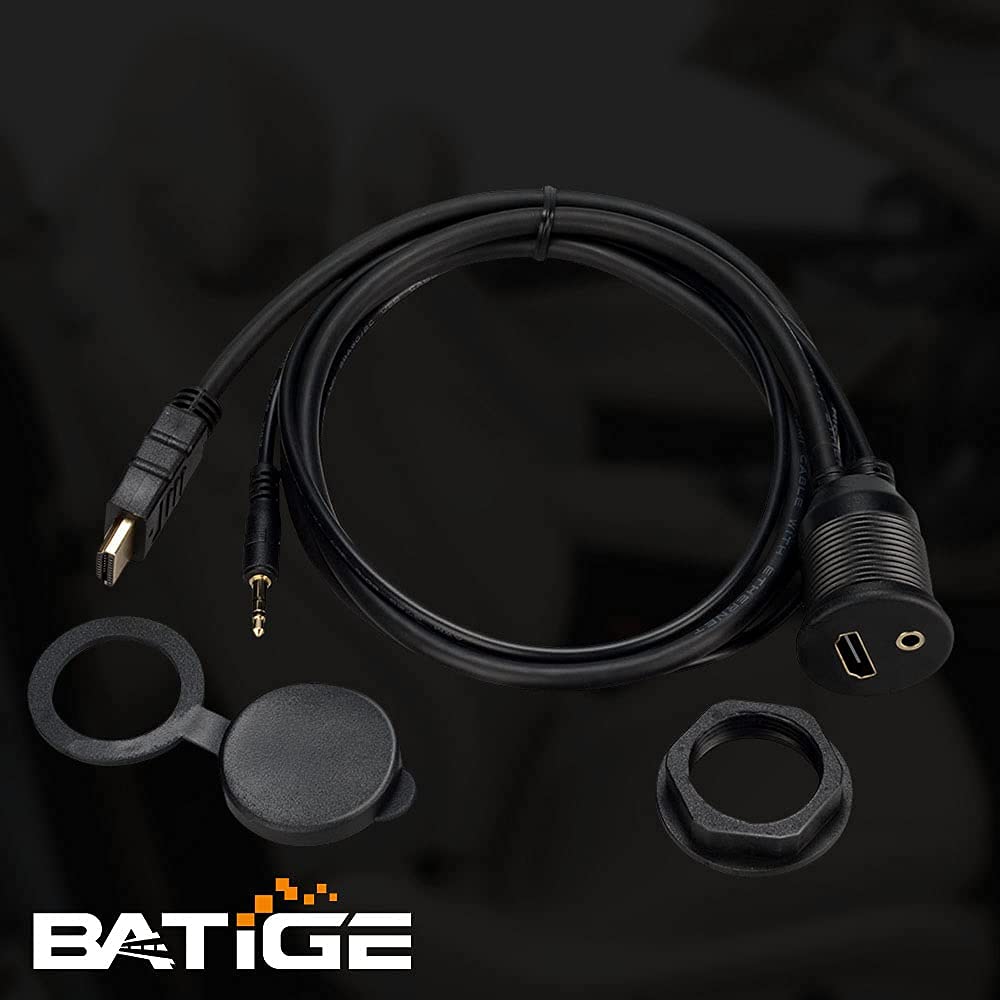 BATIGE HDMI & 3.5mm Male to Female 3.5mm + HDMI Car Mount Flush Extension Cable with Mounting Panel - 3ft