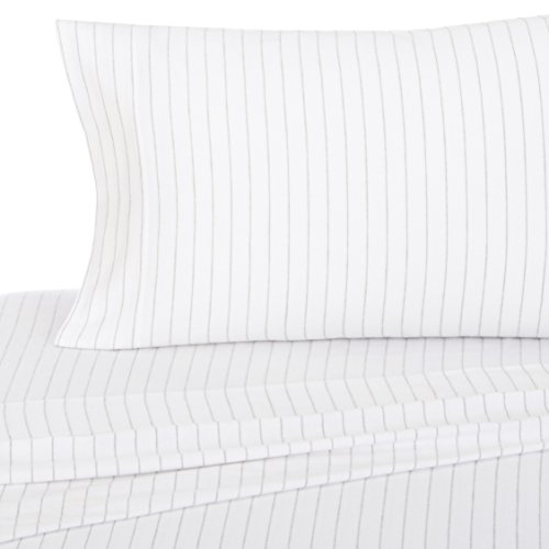 Amazon Brand – Pinzon 160-Gram Pinstripe Flannel Cotton Bed Sheet Set, Twin XL, White Pinstripe