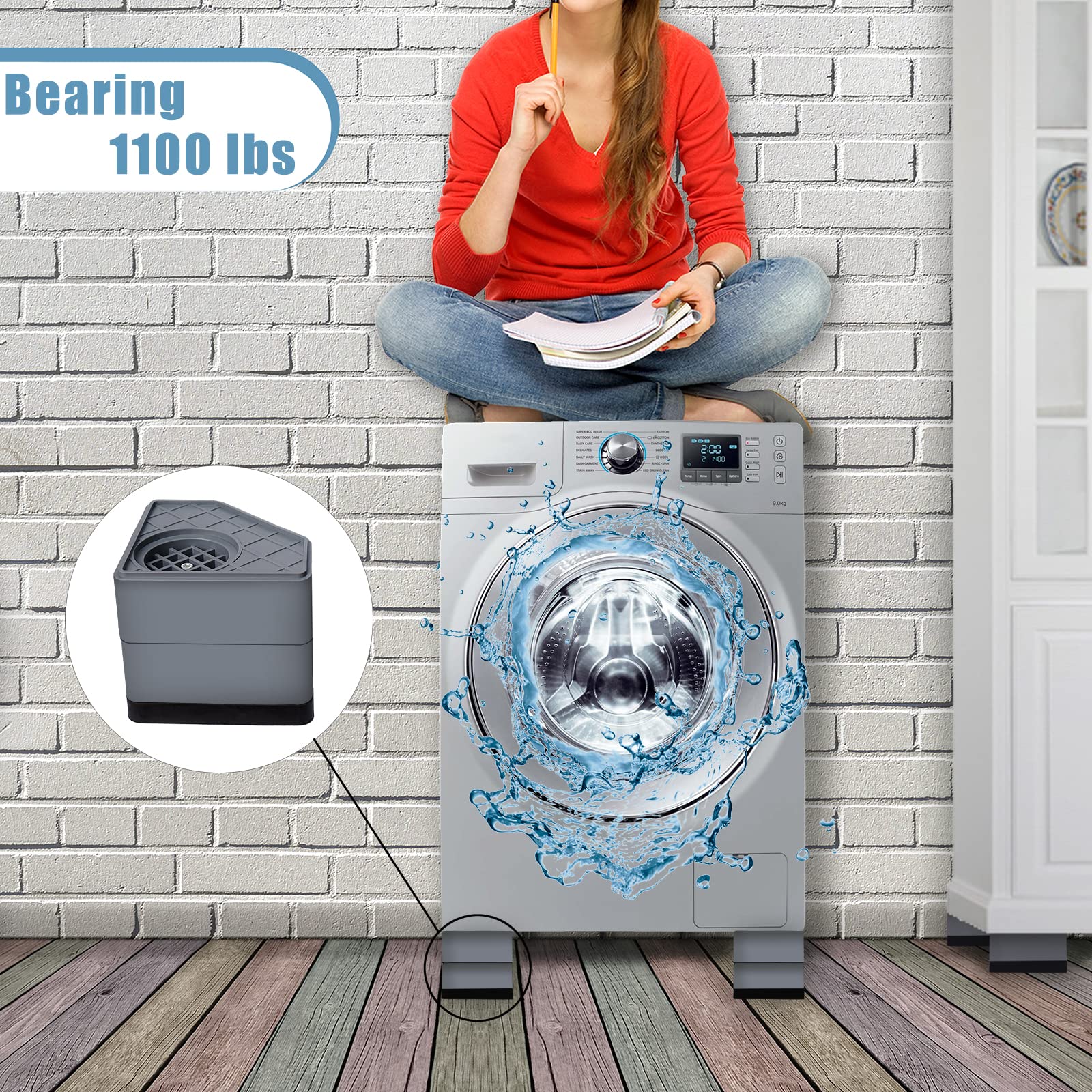 4 Pcs Double Heightened Anti Vibration Pads for Washing Machine, Washer & Dryer Pedestals with 1100 lbs Weight Capacity, Anti-Slip, Shock-Absorbing & Noise-reducing Mats, Suitable for Most Furniture