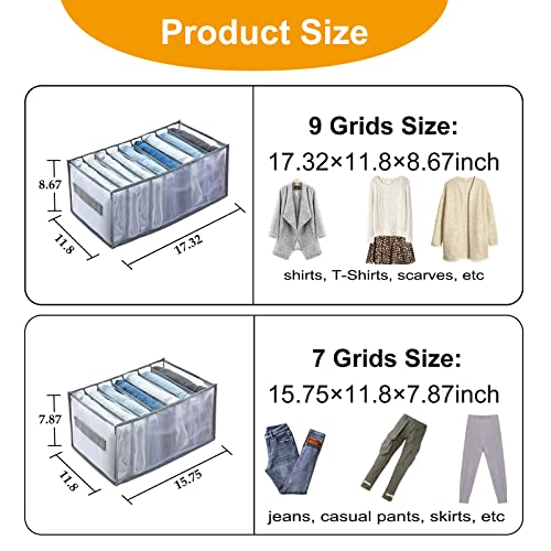 2PCS Upgrade Wardrobe Closet Organizers,7&9-Grids Washable Clothes Organizer with Handles for Jeans,Folded Clothes Organizer Nylon Compartments Storage Bins