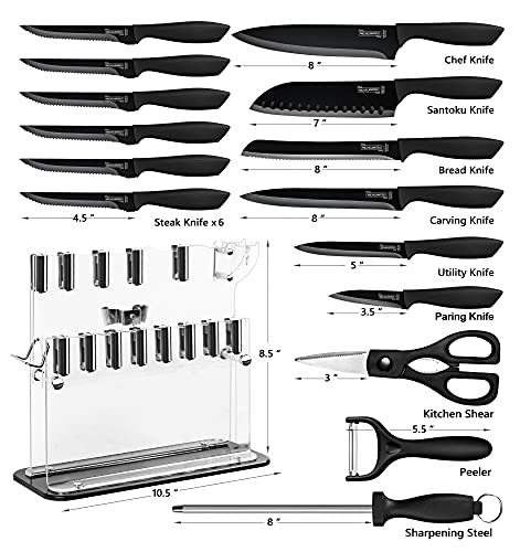 MICHELANGELO Kitchen Knife Set with Block, Sharp Black Knife Set for Kitchen, 16 Piece Stainless Steel Cooking Knife Set with Sharpener, Includes Steak Knives Set, Chef Santoku Knives, Black