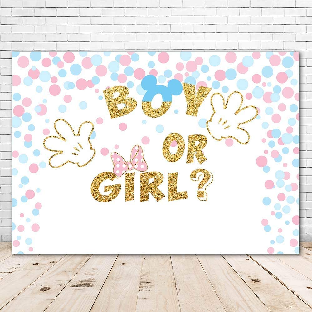 Micky Mouse or Minnie Mouse Baby Shower Backdrop for Gender Reveal Party Supplies 7x5 Glitter Pink or Blue Baby Shower Background for Boy and Girl Vinyl Minnie Bow Tie White Mickey Hands Backdrops