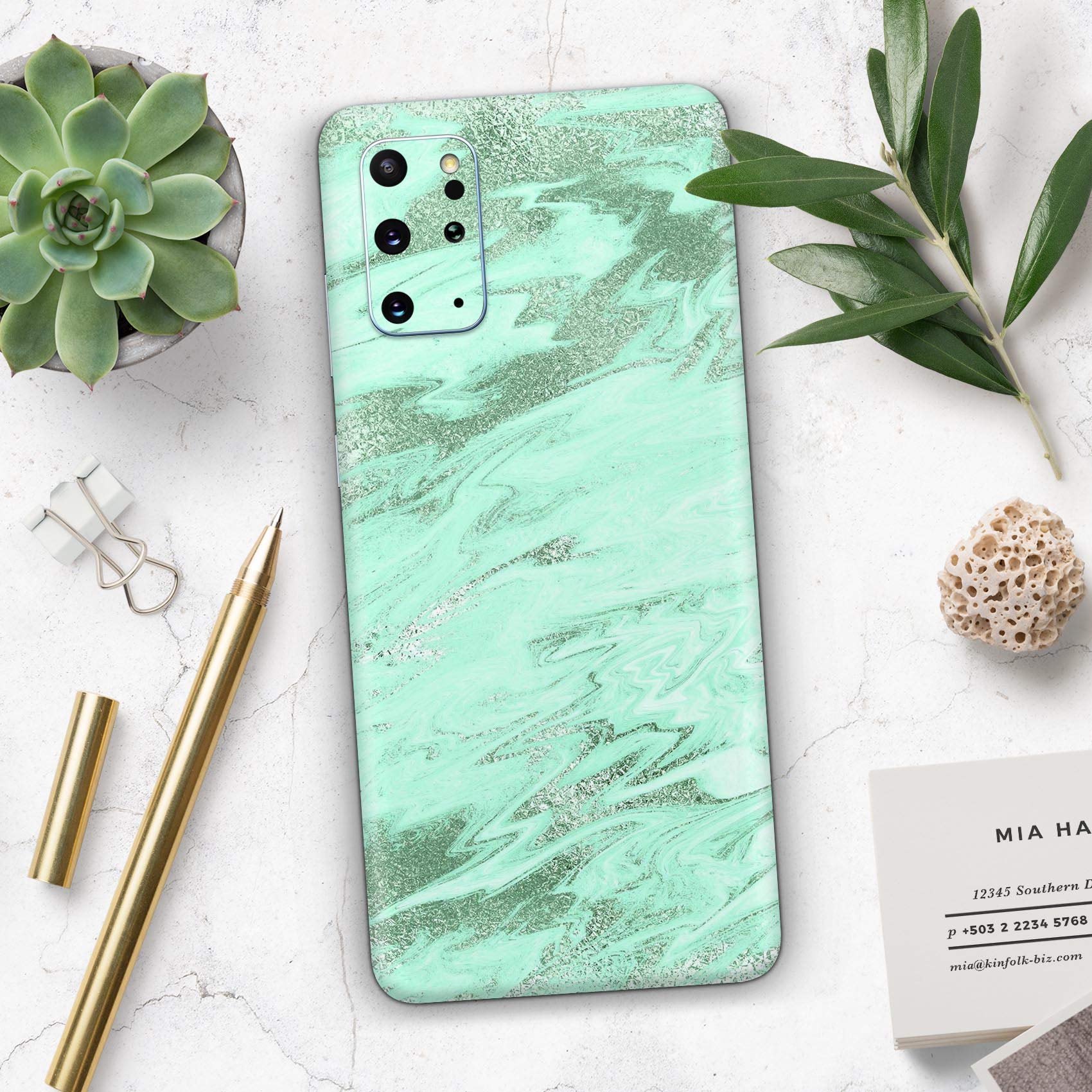 DesignSkinz Mint Marble & Digital Gold Foil V5 Protective Vinyl Decal Wrap Skin Cover Compatible with The Samsung Galaxy S20 (Screen Trim & Back Glass Skin)