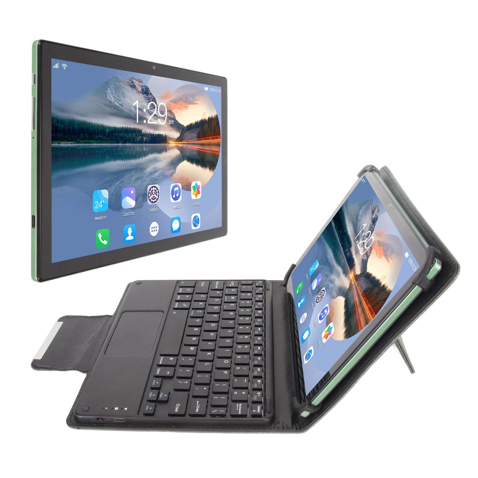 2 in 1 Tablet, 10.1 Inch Octa Core CPU Tablet with BT Keyboard, 8GB RAM 256GB ROM 5G WiFi 4G Network FHD Tablet for Office, Business, Gaming 100‑240V Green (US Plug)