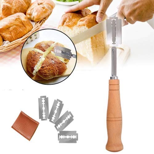 NT-ling Bread Cutter Slashing Tools,Bread Cutter Hand Crafted Bread Lame with 5 Blades and Leather Protective Cover for DIY Bread Dough Bakeware Kitchen