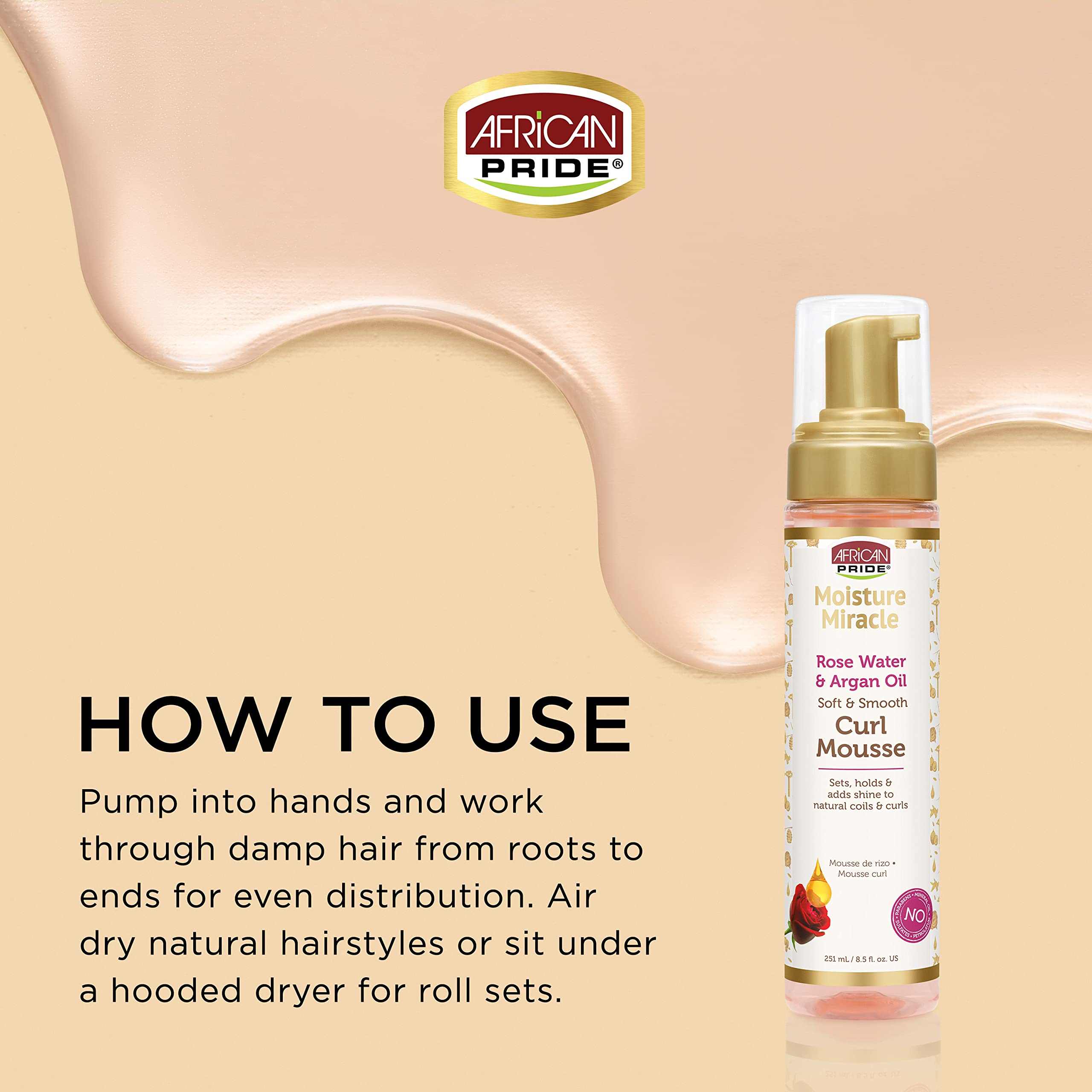 African Pride Moisture Miracle Rose Water & Argan Oil Curl Hair Mousse, Flexible Hold, Enhances Curls, Creates Wave Patterns, No Residue, Deep Moisture, Adds Shine, Strengthens & Protects Hair, 8.5 oz