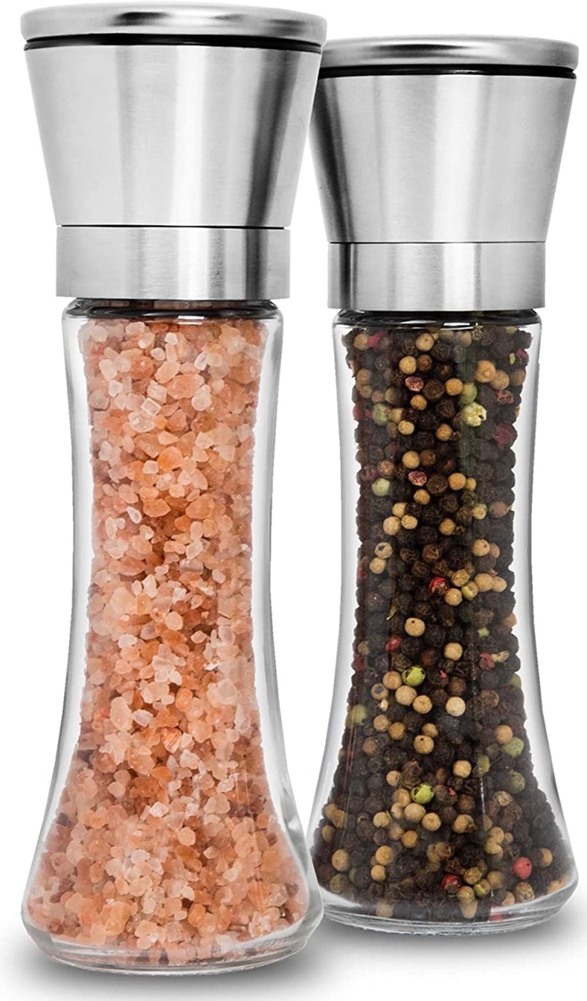 1pcs Pepper Grinder or Salt Grinder, Best Spice Mill with Ceramic Blades, Adjustable Coarseness, Brushed Stainless Steel Cap, and Refillable Tall Glass Body (7.5")